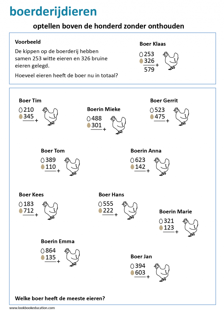Werkblad Optellen boven de 100 Boerderijdieren - LookbookEducation.com/nl