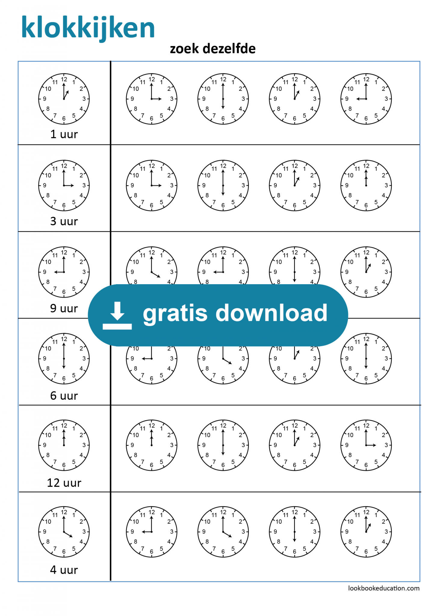 Werkblad Klokkijken Zoek Dezelfde - LookbookEducation.com/nl