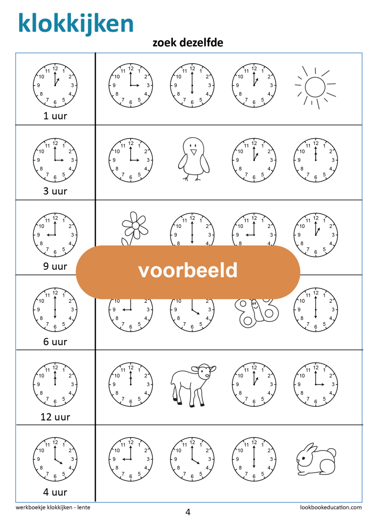 Werkblad Klokkijken Hele Uren - LookbookEducation.com/nl